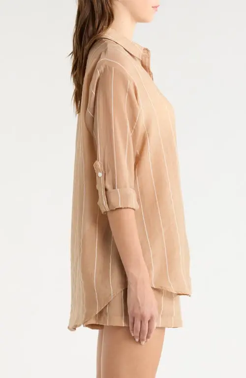 Elan Stripe Oversize Cotton Button-up Cover-up Shirt