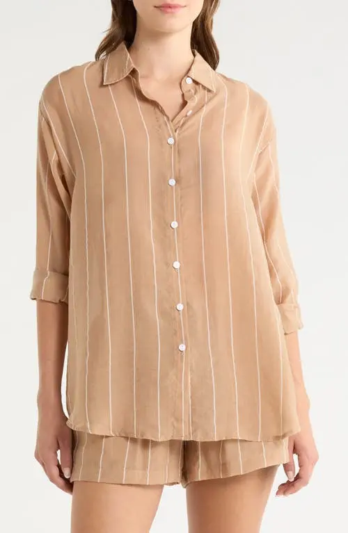 Elan Stripe Oversize Cotton Button-up Cover-up Shirt