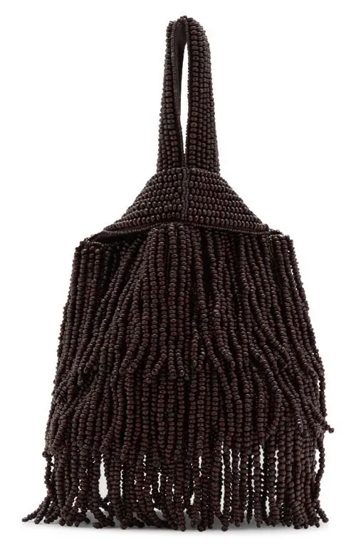 Mango Beaded Fringed Handheld Bag - Brown
