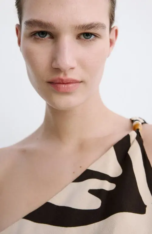 Mango Zebra Print Beaded One Shoulder Top