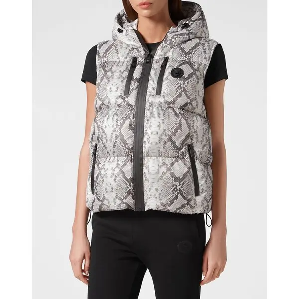 PLEIN SPORT Python Print Quilted Hooded Puffer Gilet - Grey