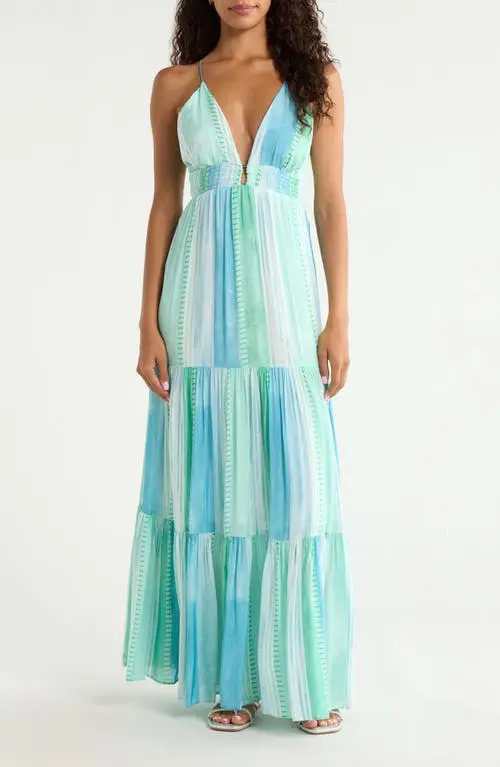 Elan Print Tiered Halter Maxi Dress - Blue Strovia