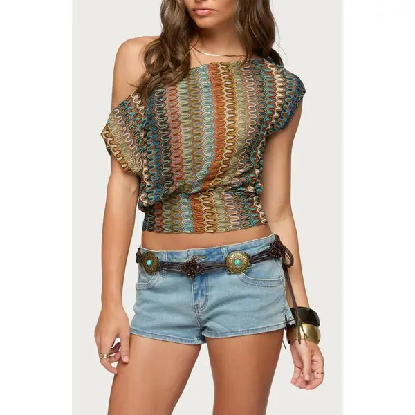 EDIKTED Taniya Zigzag Knit Off The Shoulder Crop Top - Olive