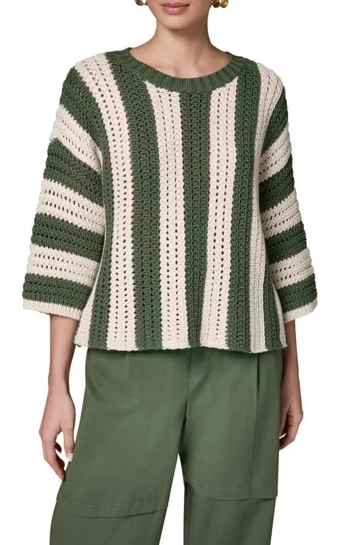 Donna Karan New York Vertical Stripe Open Stitch Cotton Sweater - Verde/crea