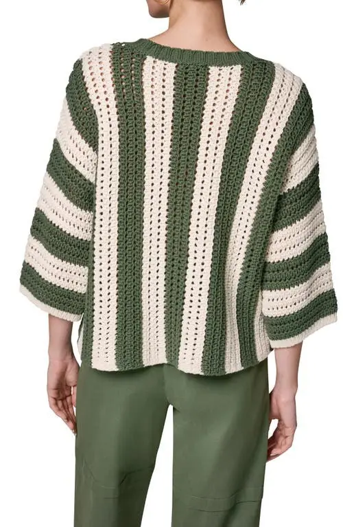 Donna Karan New York Vertical Stripe Open Stitch Cotton Sweater - Verde/crea