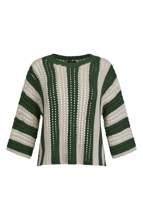 Donna Karan New York Vertical Stripe Open Stitch Cotton Sweater - Verde/crea
