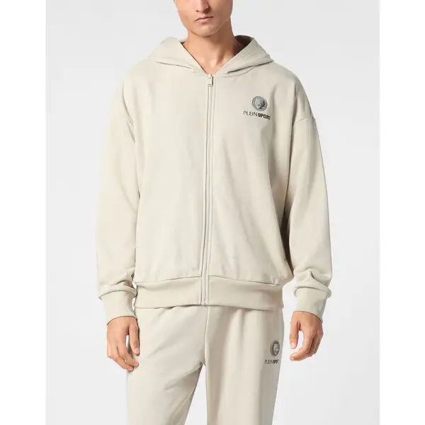 PLEIN SPORT Oversize Zipped Hoodie Sweatshirt With Graphic Prints - Grey