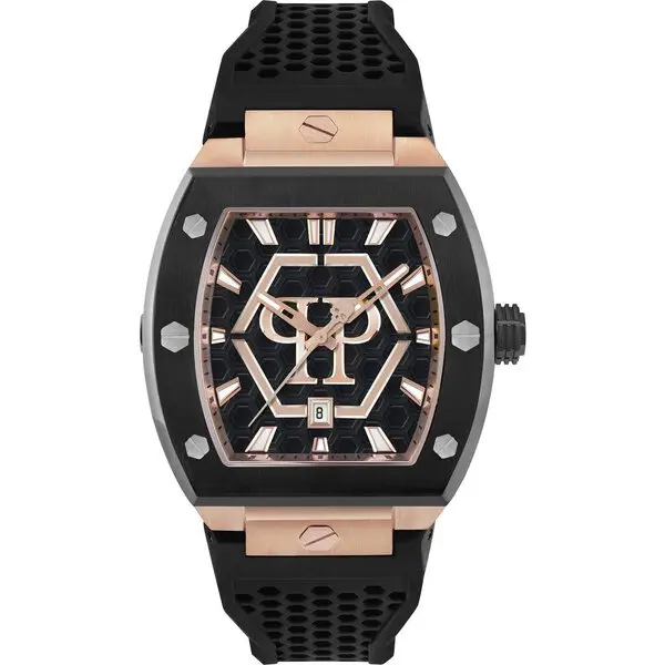 Philipp Plein Hexagon Watch With Gemstone Embellishments - Black/rose