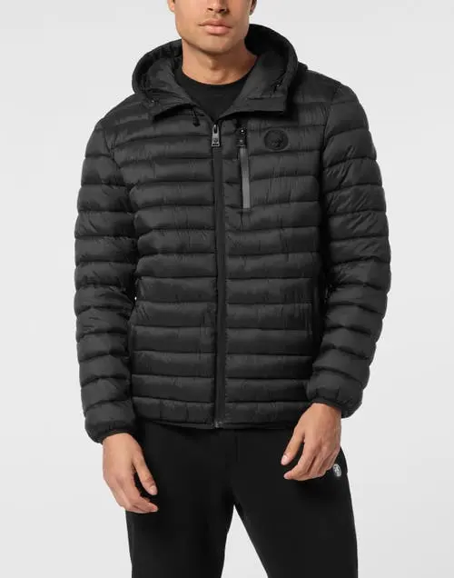 PLEIN SPORT Padded Quilted Nylon Zip-up Hoodie Jacket With Tiger Emblem - Black