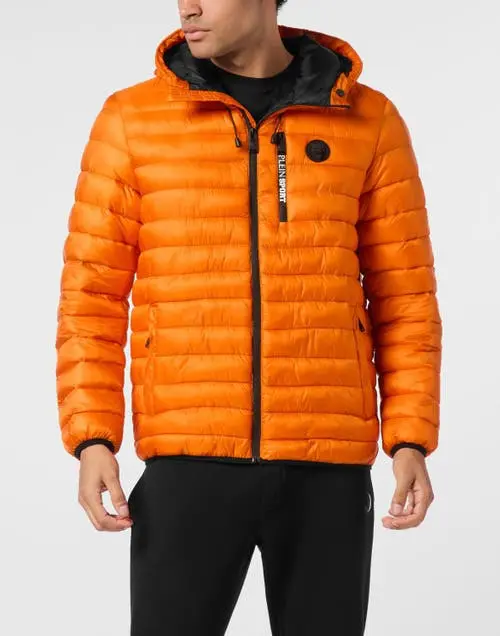 PLEIN SPORT Padded Quilted Nylon Zip-up Hoodie Jacket With Tiger Emblem - Orange