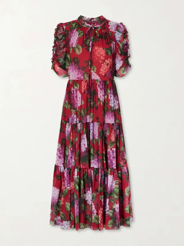 Carolina Herrera Tie-detailed Ruffled Tiered Floral-print Silk-chiffon Midi Dress - Red