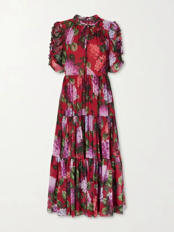 Carolina Herrera Tie-detailed Ruffled Tiered Floral-print Silk-chiffon Midi Dress - Red