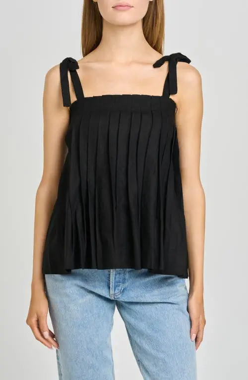 WAYF Stevie Pleated Tie Shoulder Babydoll Top - Black