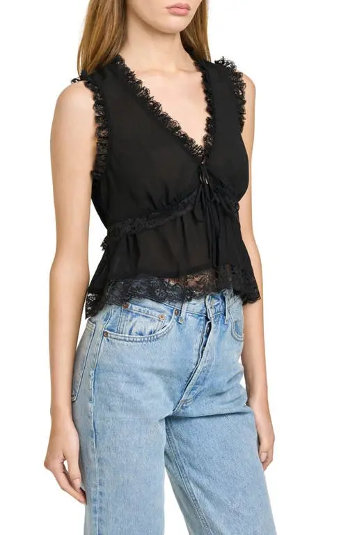 WAYF Norah Lace Trim Tie Front Top
