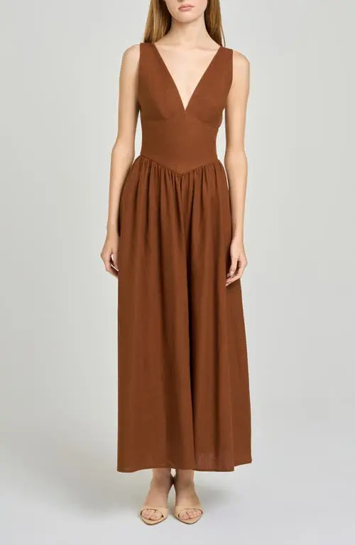 WAYF Vivia Plunge Neck Drop Waist Midi Dress - Chocolate