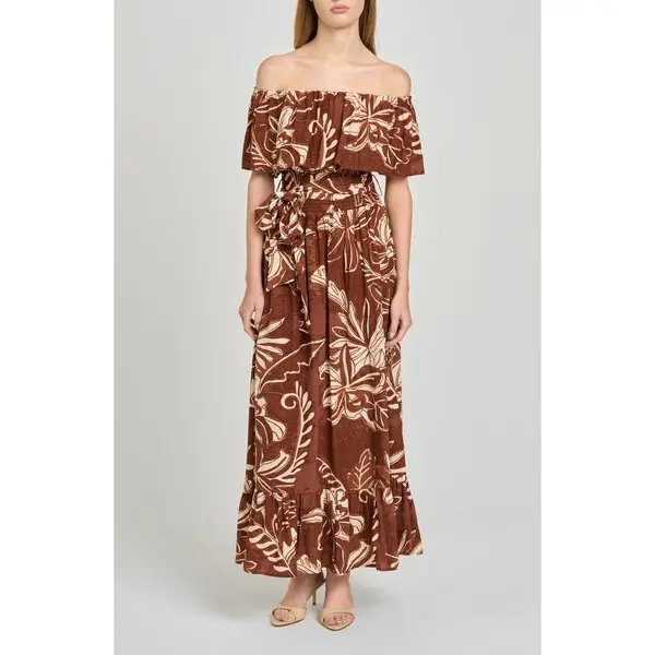 WAYF Off-the-shoulder Floral Print Maxi Dress - Chocolate Batik