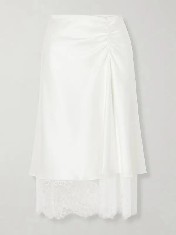 SIR. Ingrid Gathered Lace-trimmed Satin Midi Skirt - Neutrals