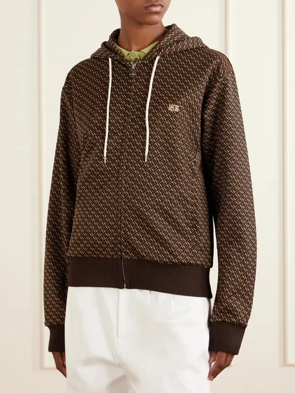 WALES BONNER Logo-embroidered Jacquard-knit Zip-up Hoodie - Brown