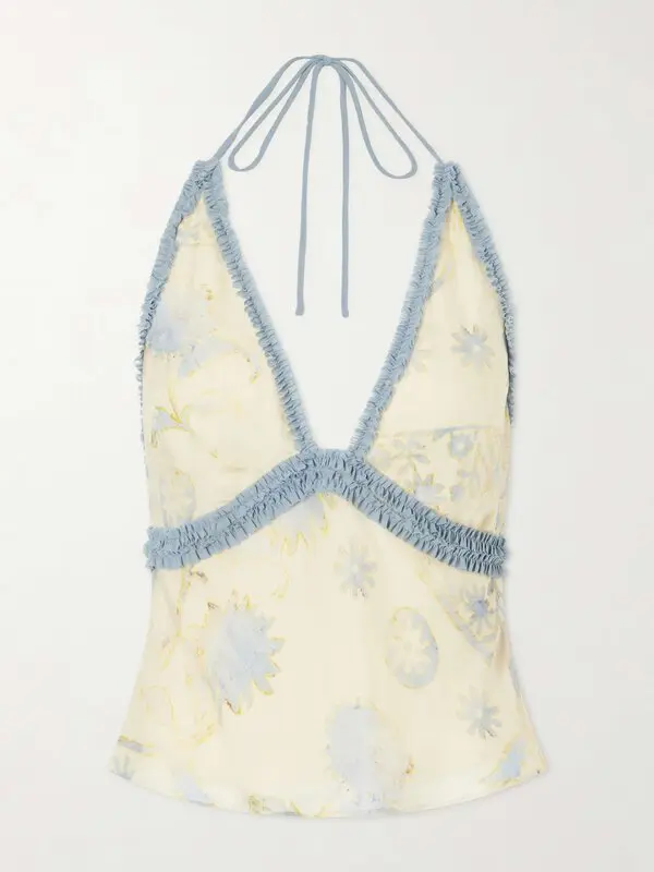 SIR. Cecile Ruffled Printed Chiffon Halter Top - Cream