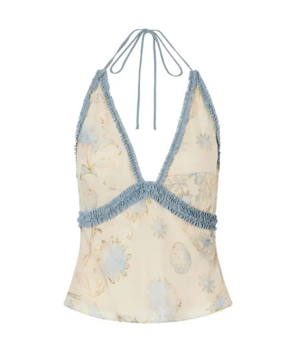 SIR. Cecile Printed Halterneck Chiffon Top With Ruffle Trim - Neutrals