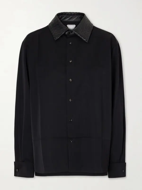 Bottega Veneta Intrecciato Leather-trimmed Wool-twill Shirt - Black