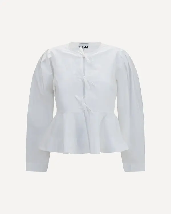 GANNI Cotton Poplin Blouse With Bow Detail - White