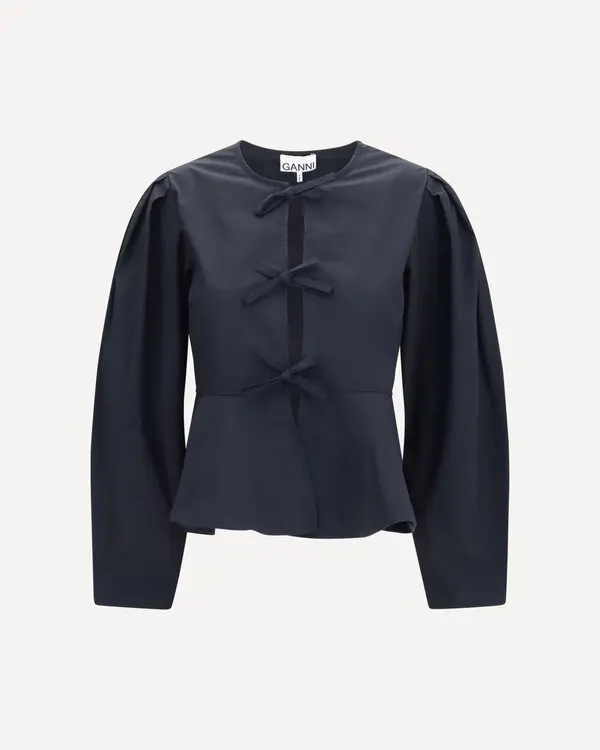 GANNI Cotton Poplin Blouse With Bow Details - Black