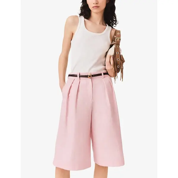 Maje Pleated Front Wide-leg Cotton And Linen Bermuda Shorts