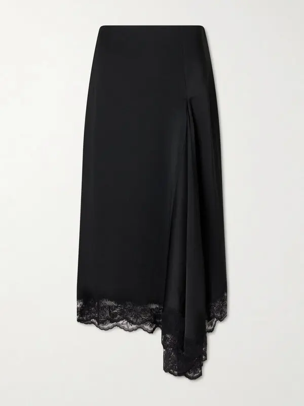 Alexander McQueen Asymmetric Draped Lace-trimmed Crepe Midi Skirt - Black