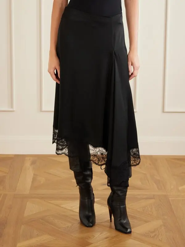 Alexander McQueen Asymmetric Draped Lace-trimmed Crepe Midi Skirt