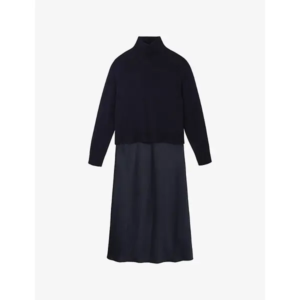 THE WHITE COMPANY Mixed Media Relaxed-fit Wool-blend And Woven Maxi Dress - Midnight