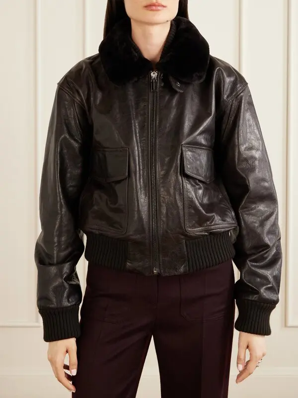 Victoria Beckham Aviator Leather Jacket With Shearling Collar - Brown