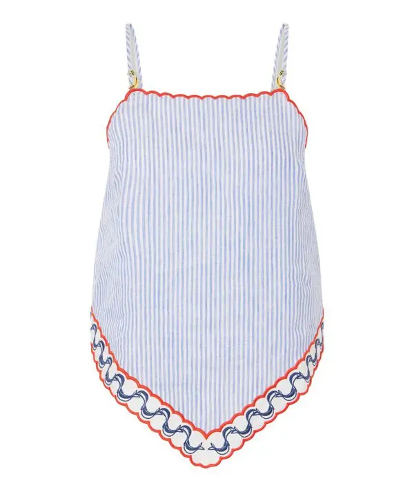 Farm Rio Embroidered Striped Linen Coverup - Blue