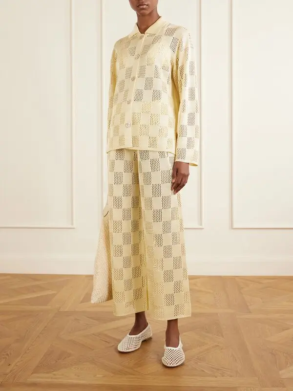 Calle Del Mar Checked Open-knit Wide-leg Pants