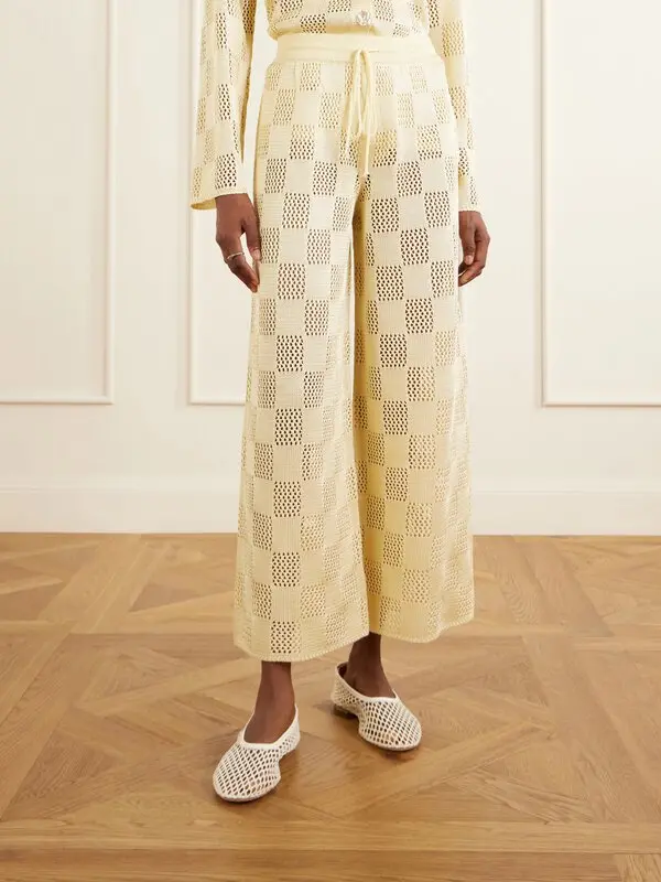 Calle Del Mar Checked Open-knit Wide-leg Pants - Yellow