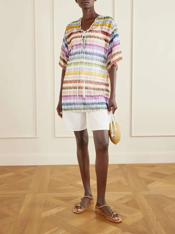 Missoni Lace-up Striped Metallic Crochet-knit Coverup