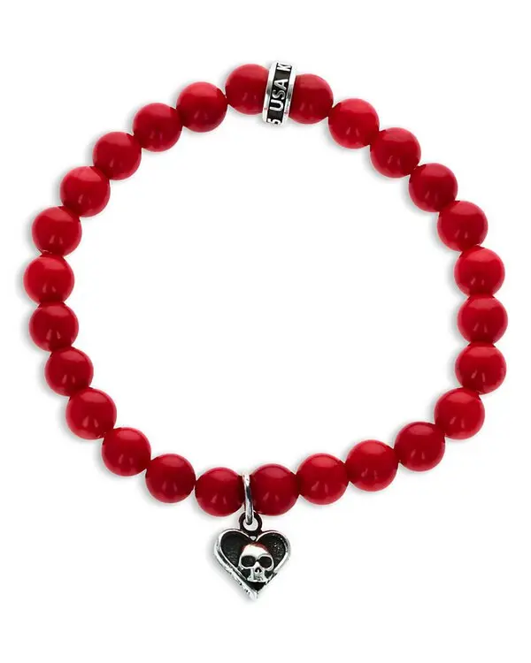 KING BABY STUDIO Sterling High Roller Club Red Coral Bead Micro Skull Heart Card Suit Charm Bracelet - Silver