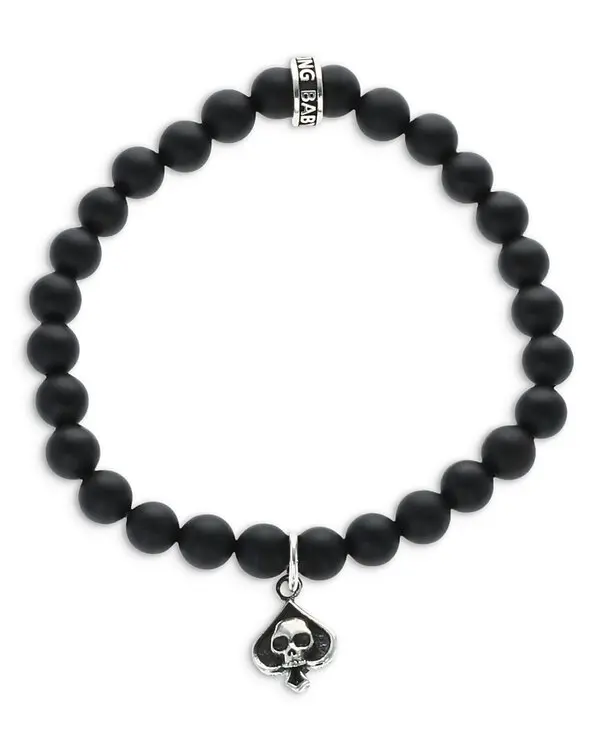 KING BABY STUDIO Sterling High Roller Club Onyx Bead Micro Skull Spade Card Suit Charm Bracelet - Silver