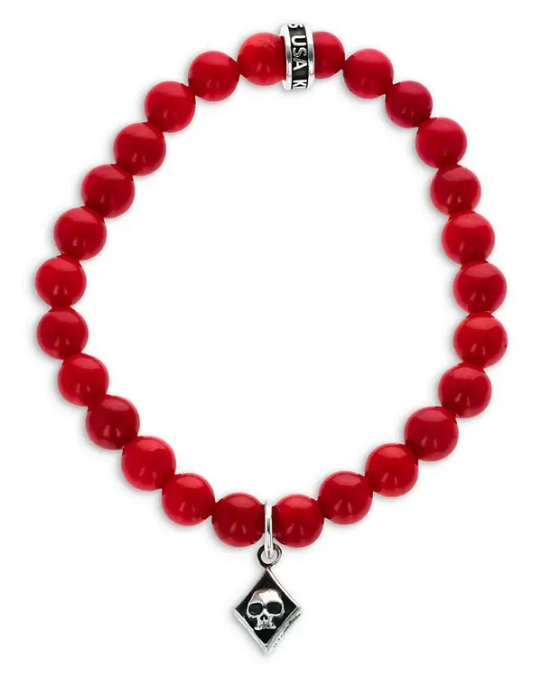 KING BABY STUDIO Sterling High Roller Club Red Coral Bead Micro Skull Diamond Card Suit Charm Bracelet - Silver
