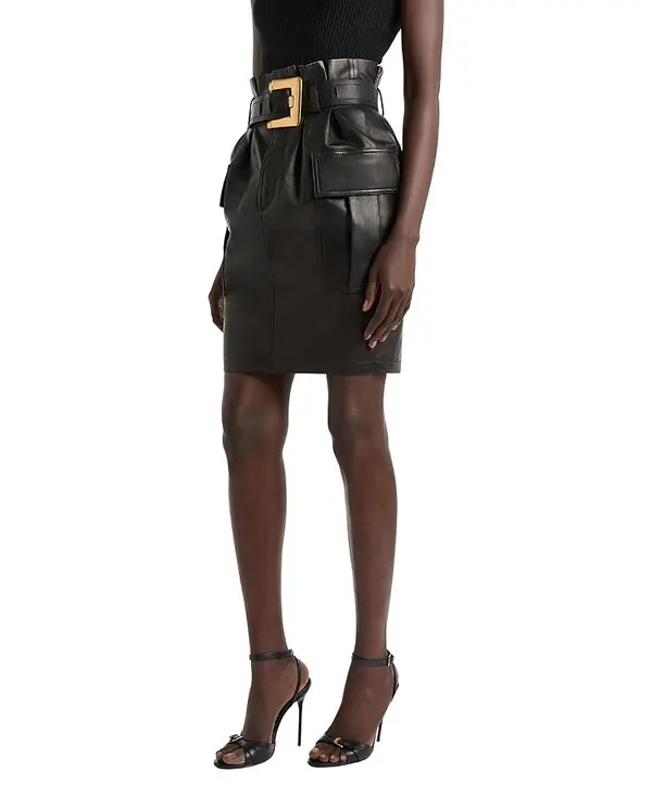 Balmain Belted Leather Pencil Skirt - Black