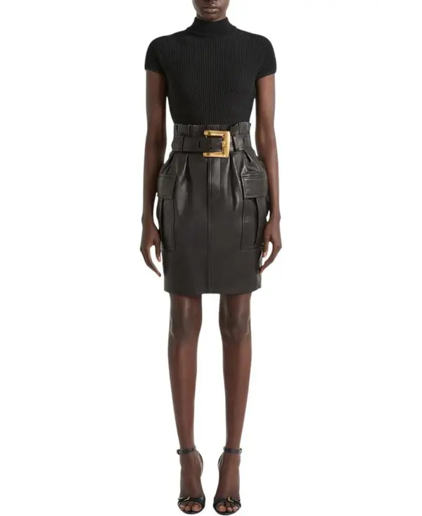 Balmain Belted Leather Pencil Skirt
