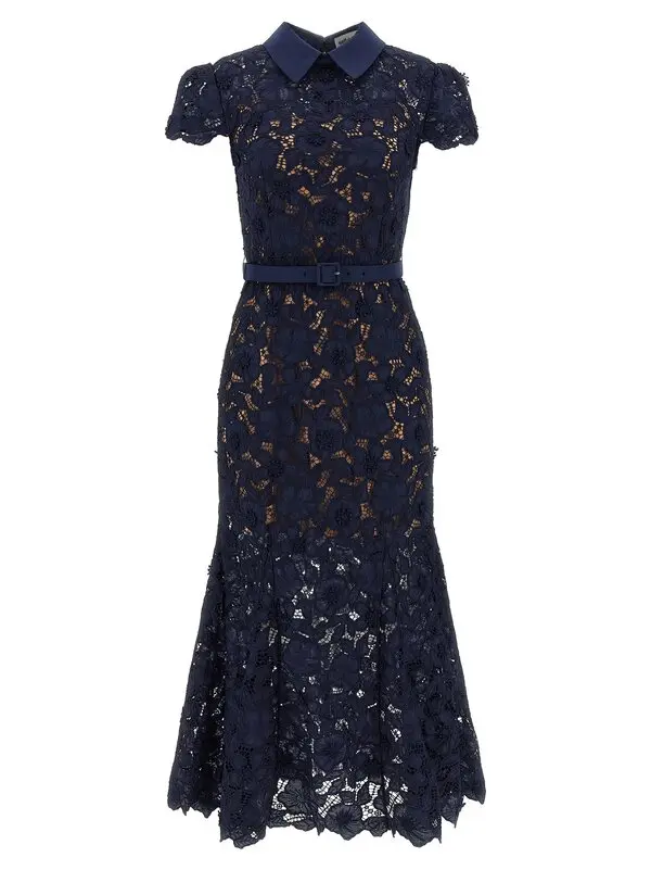 SELF-PORTRAIT Navy Guipure Lace Midi Dress With 3d Floral Appliqu - Blue