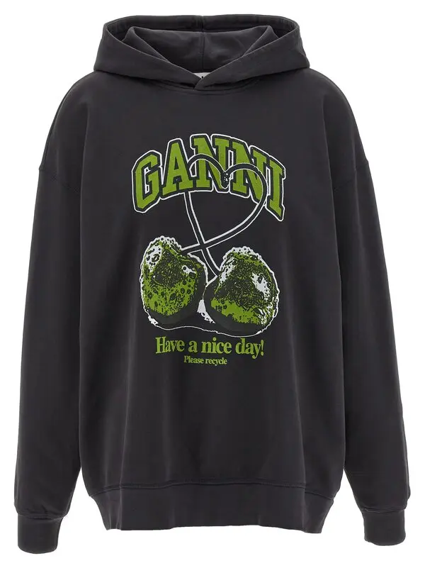 GANNI Basic Jersey Hoodie With Cherry Print - Gray