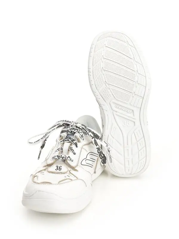 Balenciaga Hamptons Leather Sneakers With Distressed Finish - White