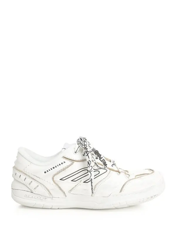 Balenciaga Hamptons Leather Sneakers With Distressed Finish - White