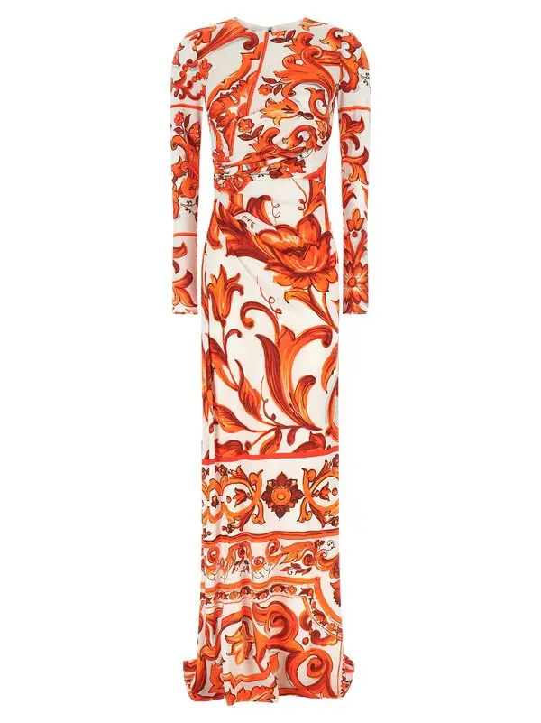 Dolce & Gabbana Maiolica' Print Silk Kaftan Dress - Orange