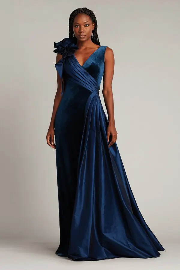 Tadashi Shoji Barlowe Ruffled Shoulder Draped Gown - Navy
