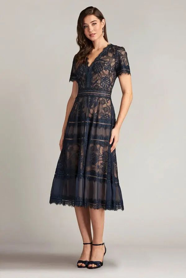 Tadashi Shoji Beatrice Lace Tea-length Dress - Navy/nude