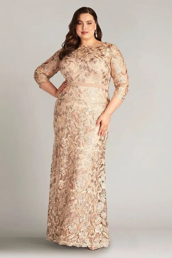 Tadashi Shoji Marcel Embroidered Illusion Gown Plus Size - Pebble