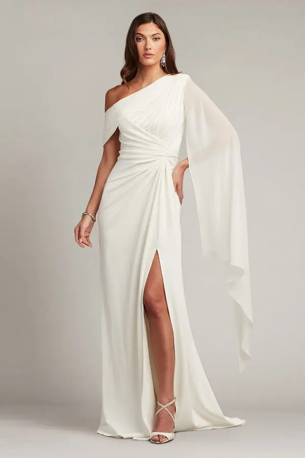 Tadashi Shoji Quill Draped Cape Sleeve Gown - Ivory